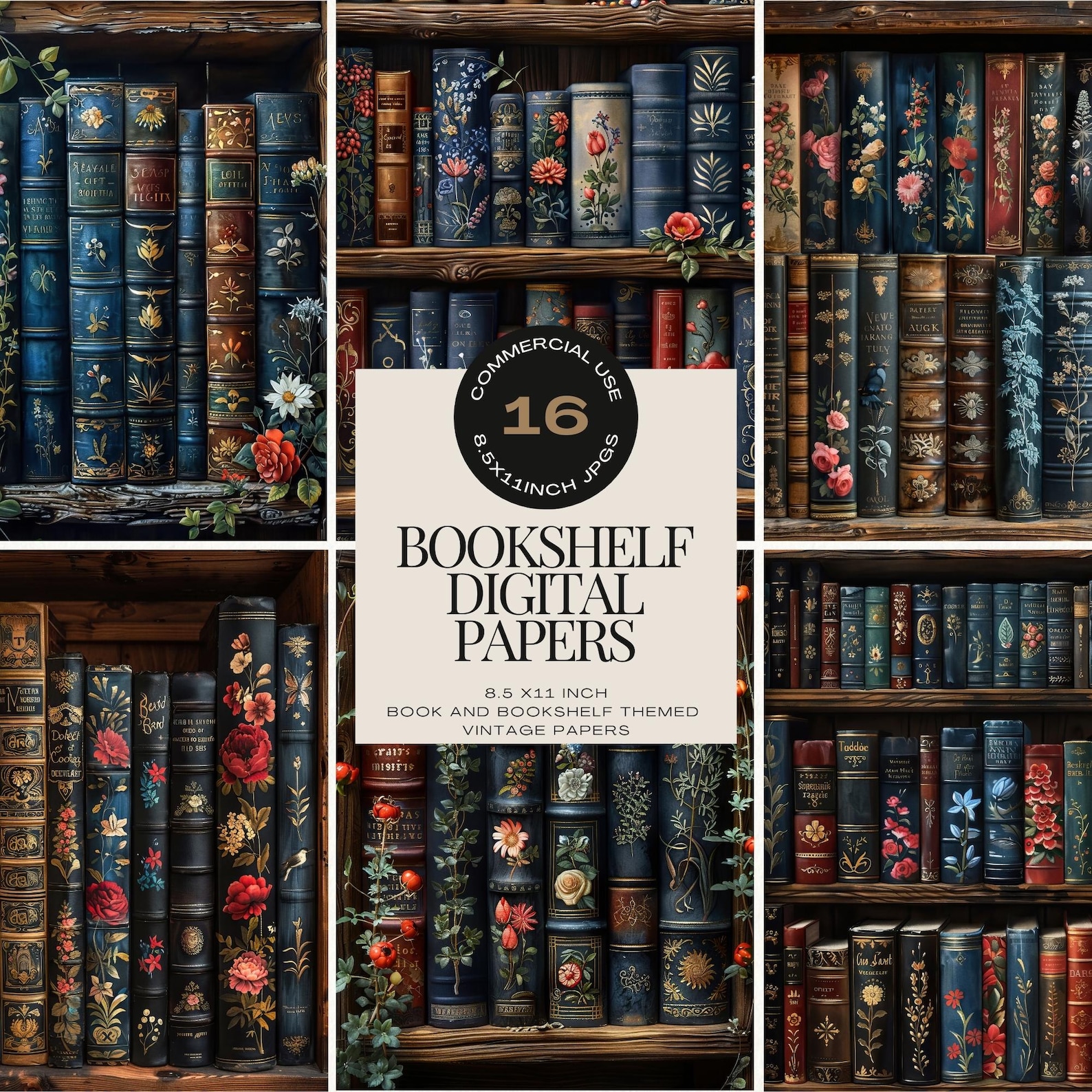 Watercolor Book Border Bundle JPG Set, Bookshelf Digital Papers With ...
