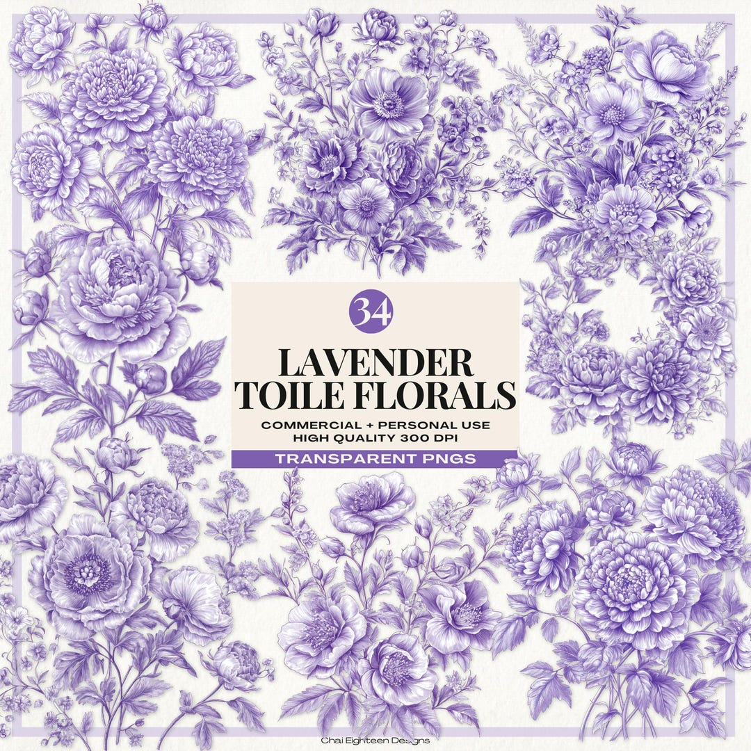 Vintage Lavender Toile Floral Clipart Bundle, Purple Botanical ...