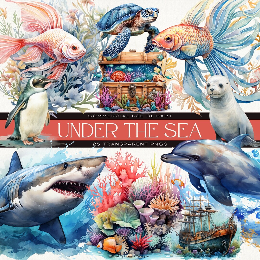Under the Sea Clipart, Watercolor Sea Creatures, Underwater Animals ...