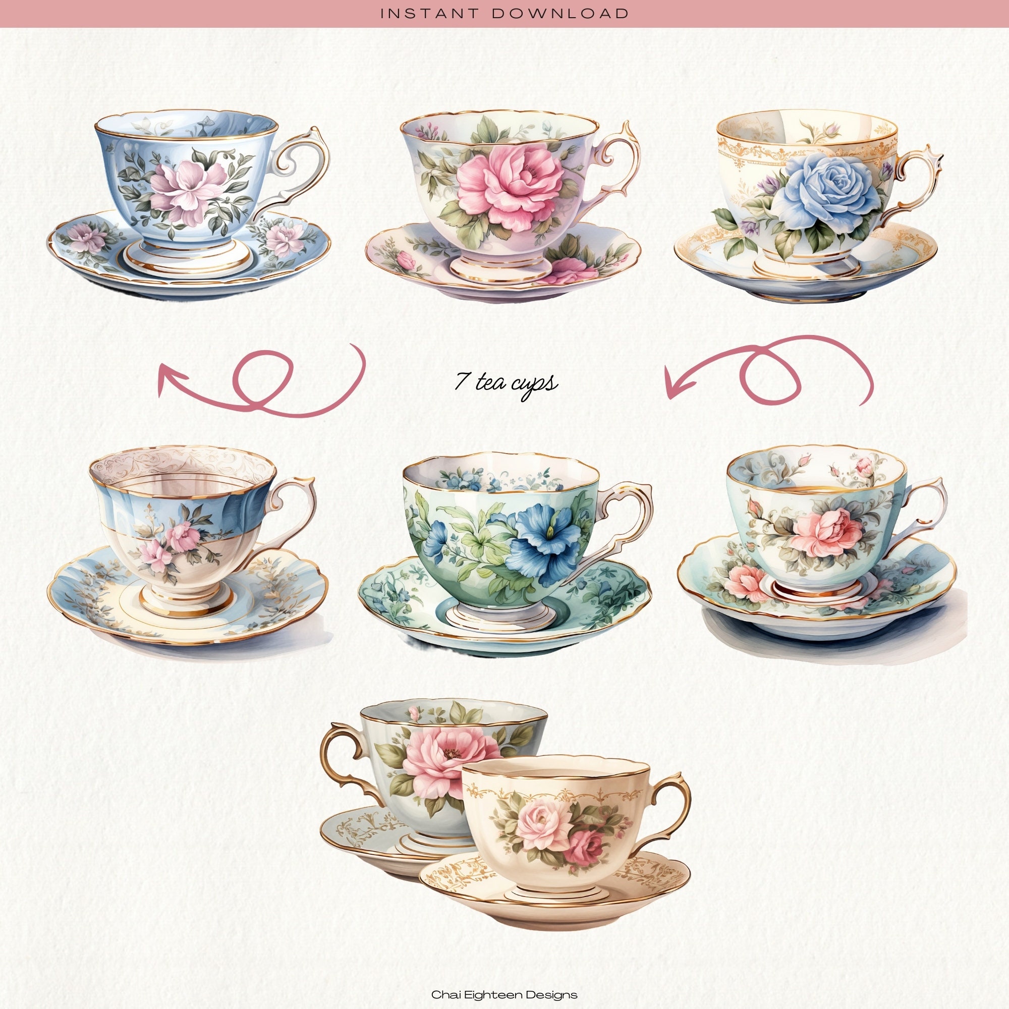 Watercolour Vintage Teacup Clipart, Floral Tea Seat, Tea Party Bundle ...