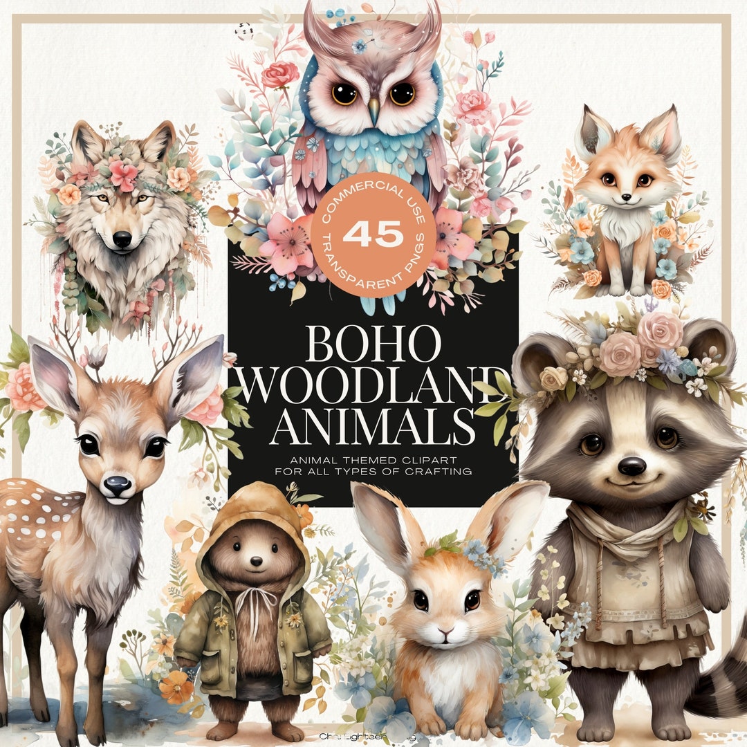 Boho Woodland Animal Clipart, Cute Forest Animals, Woodland Baby Shower ...