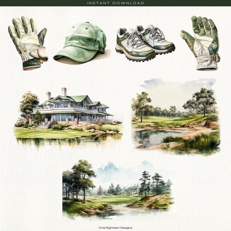 Watercolor Golf Clipart, Golf Cart PNG, Golf Club Clip Art, Golf ...