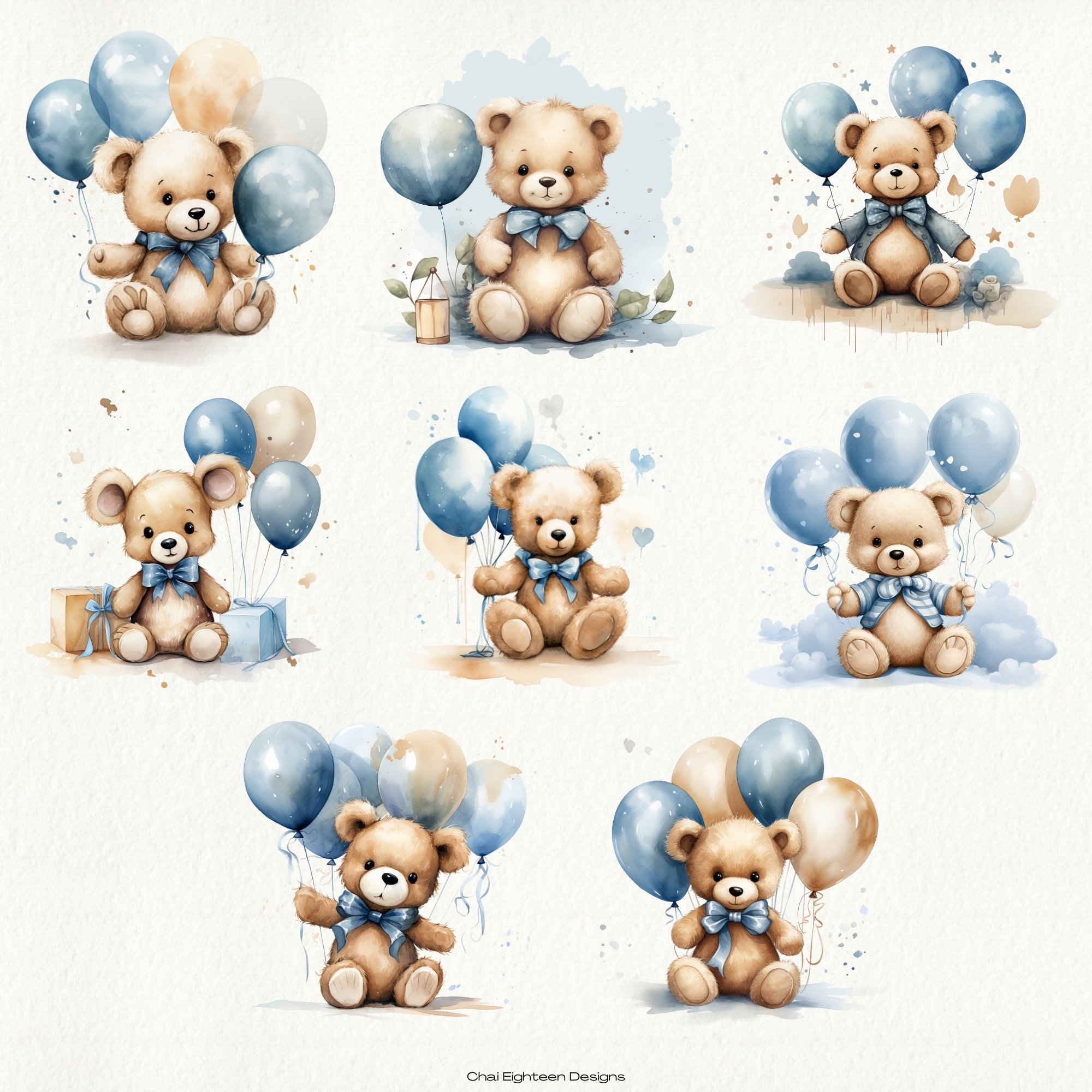 Bear and Blue Balloons Clipart, Nursery Teddy Bear Clip Art, Baby Bear ...
