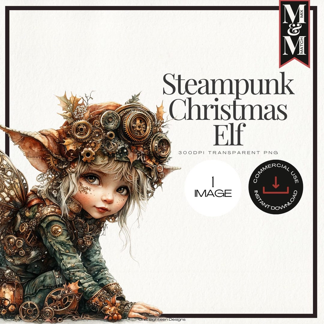 Steampunk Christmas Elf Clipart, Retro Christmas Cheeky Elf Graphic ...