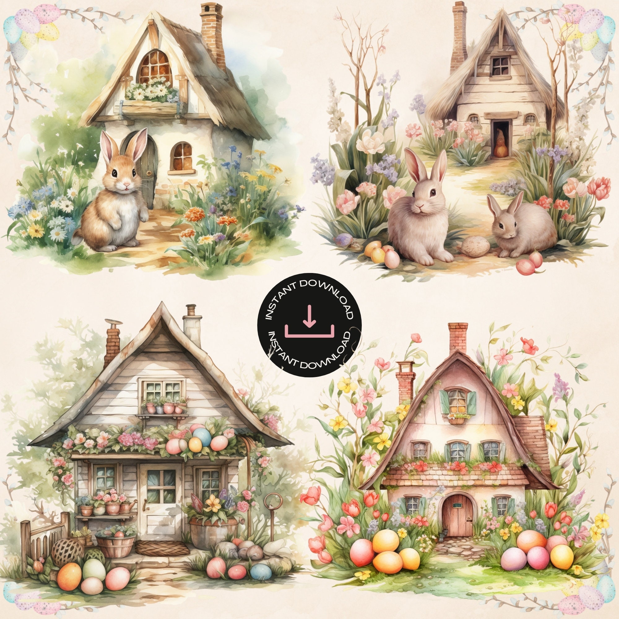 Easter Houses Watercolor Clipart, Flowers, Easter Eggs, Bunny, Rabbit ...