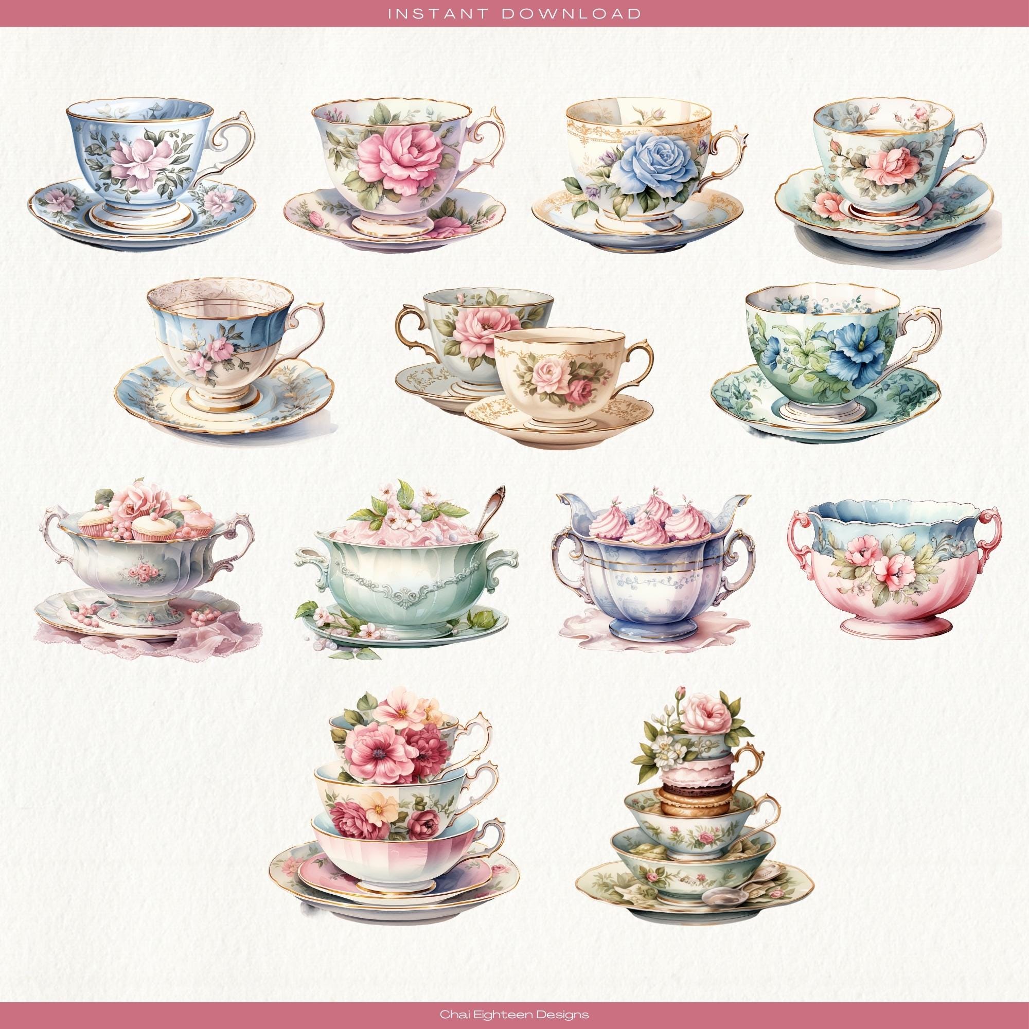 Watercolour Vintage Teacup Clipart, Floral Tea Seat, Tea Party Bundle ...