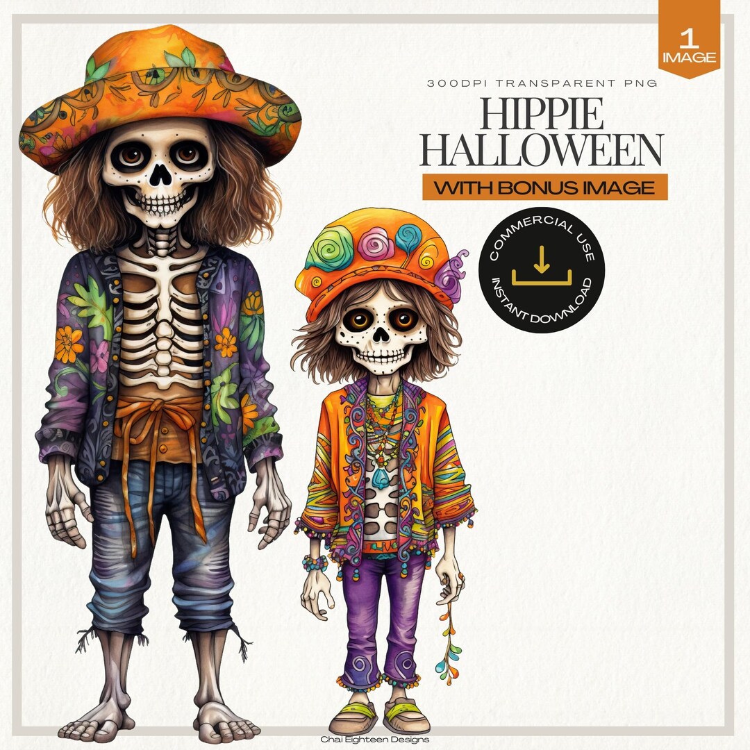 Hippie Halloween Clipart, Skeleton Hippie Boy PNG With Bonus Image ...