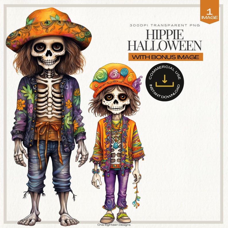 Hippie Halloween Clipart, Skeleton Hippie Boy PNG With Bonus Image ...
