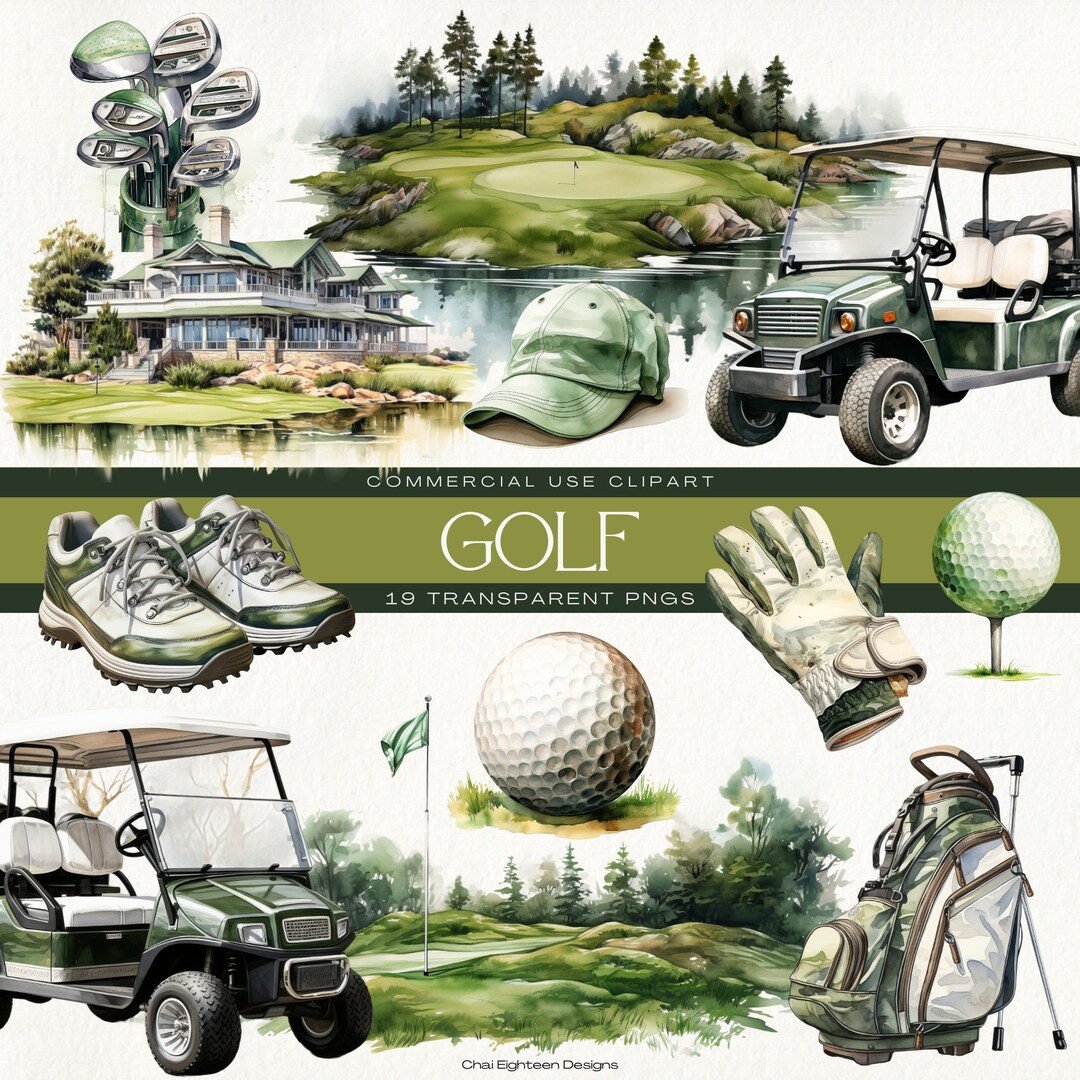 Watercolor Golf Clipart, Golf Cart PNG, Golf Club Clip Art, Golf ...