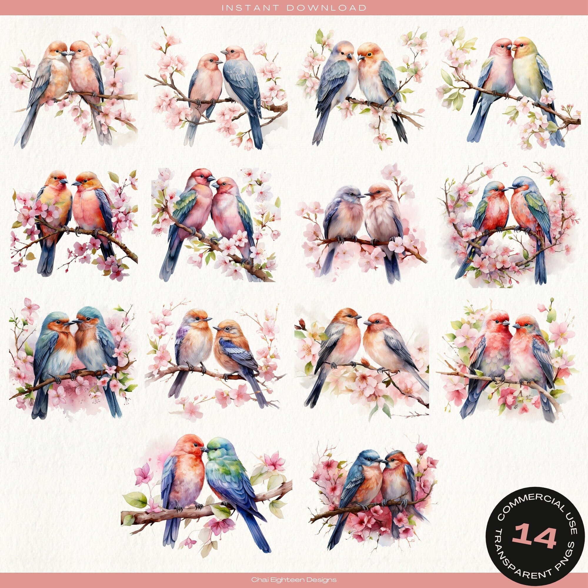 Love Birds Clip Art PNG Romantic Love Birds With Floral Decorations ...