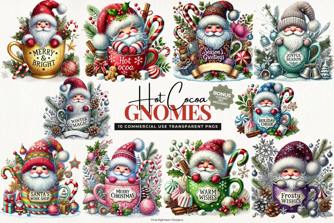 Watercolor Christmas Gnomes Clipart, Hot Cocoa Mugs Pngs, Festive ...