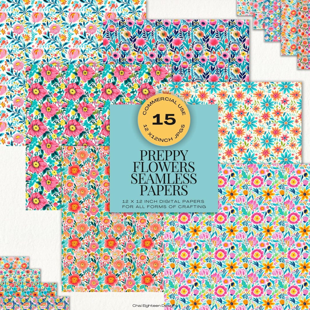 Preppy Flower Digital Papers, Spring Ditsy Floral Patterns, Summer ...