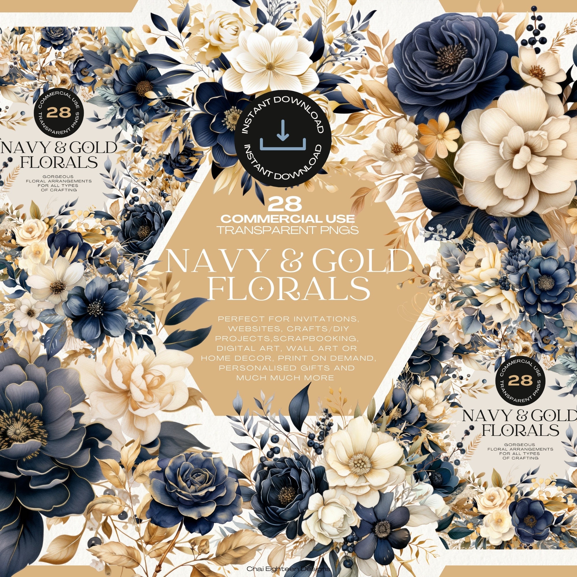 Navy and Gold Floral Clipart, Blue Flowers and Gold Leaves ...