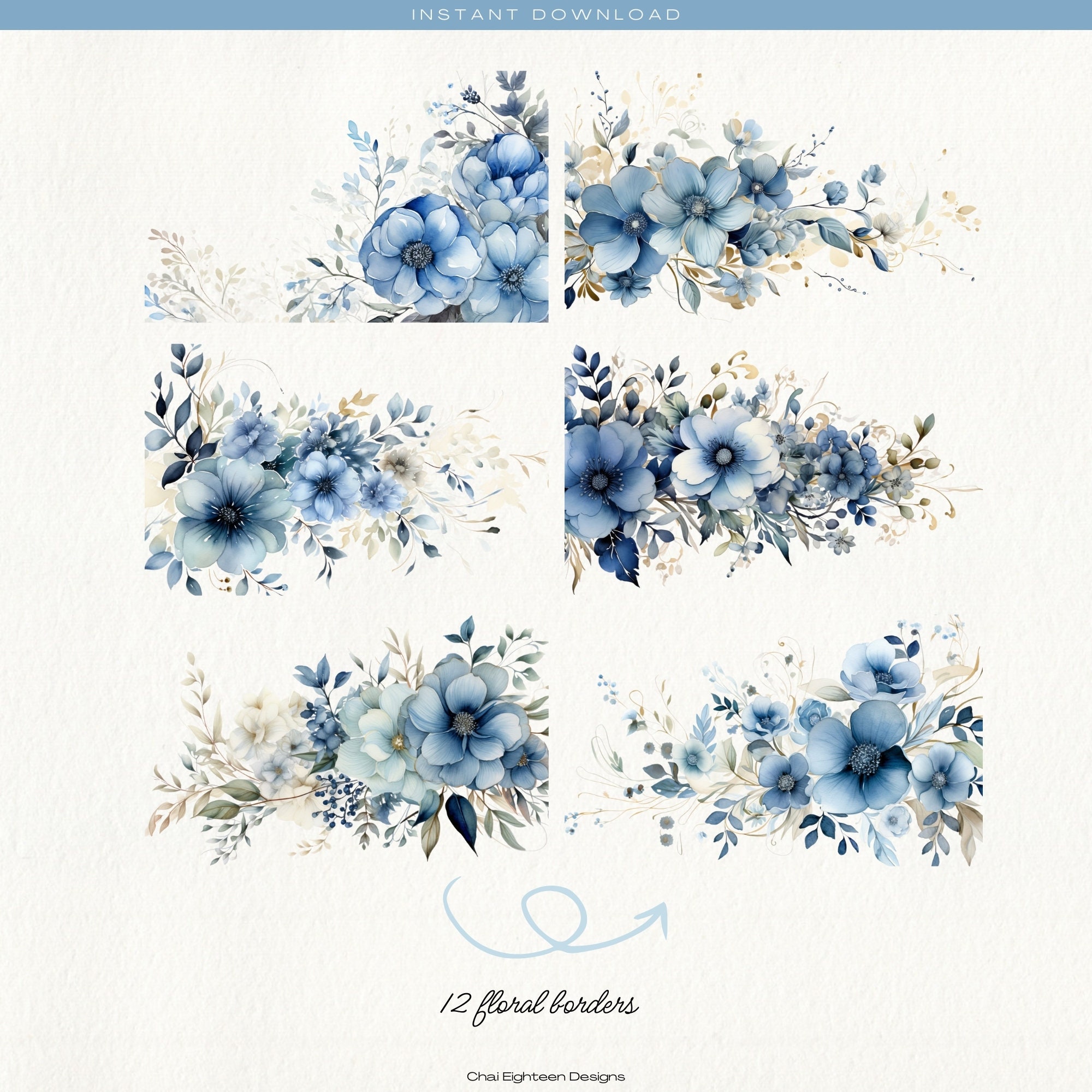 Dusty Blue Floral Clipart, Watercolor Flowers, Floral Border, Blue ...