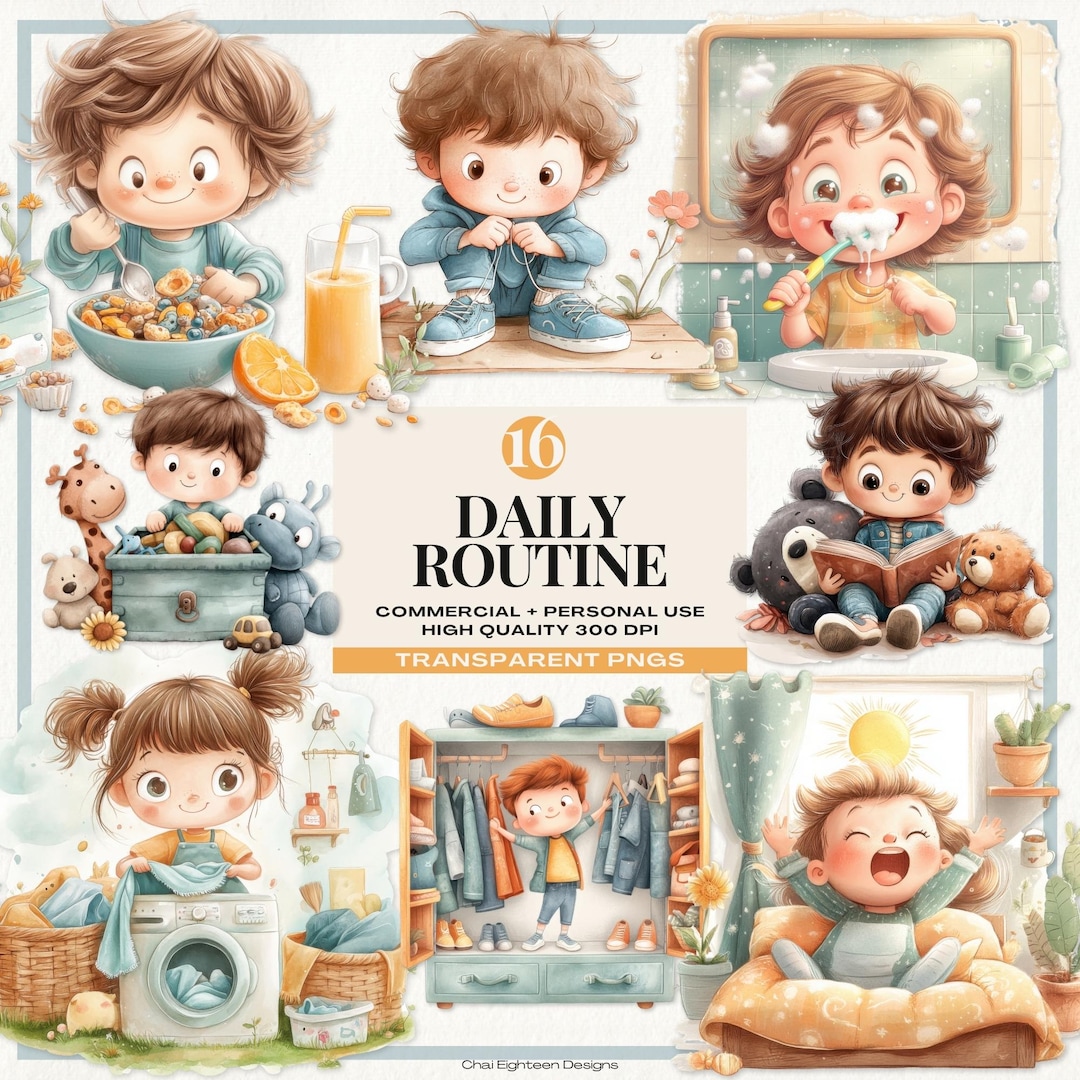 Morning Routine Clipart Png, Kids Chore Chart Graphics, Watercolor ...