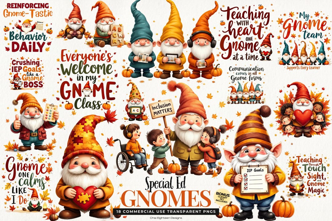 Special Education Teacher Gnomes Clipart, Back to School Fall Gnome ...
