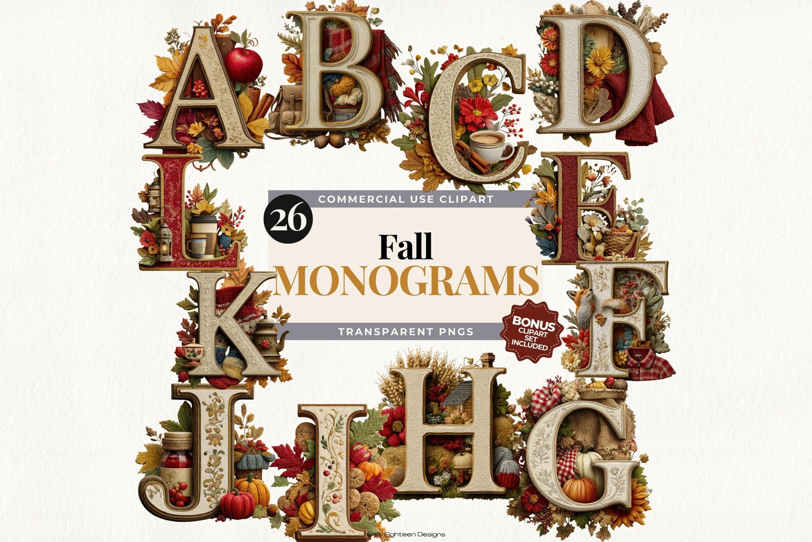 Monogram Initials Clipart Set, Fall Alphabet Letter Png Download ...
