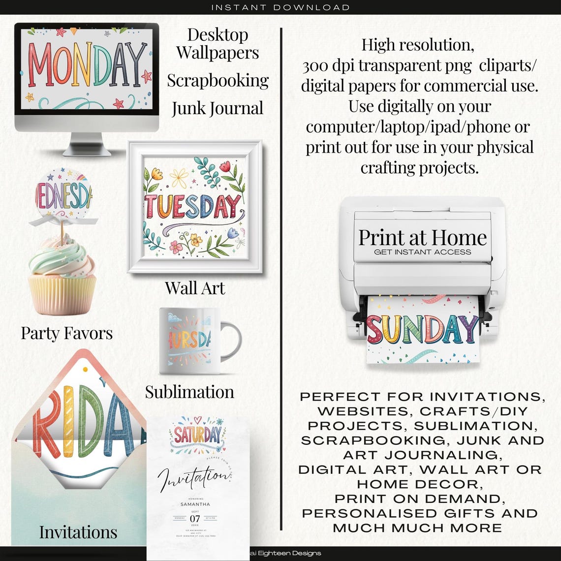 Days of the Week Printable Clipart, Daily Functional Planner Stickers ...