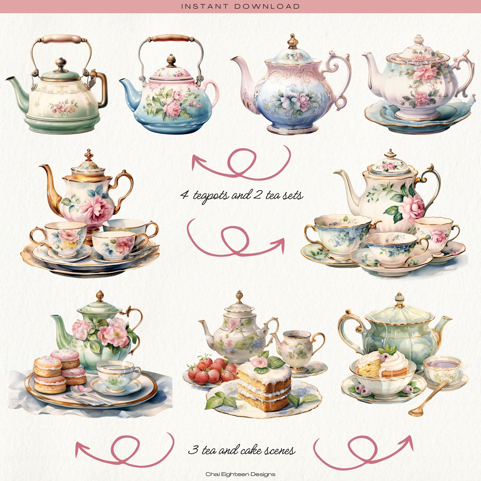 Watercolour Vintage Teacup Clipart, Floral Tea Seat, Tea Party Bundle ...