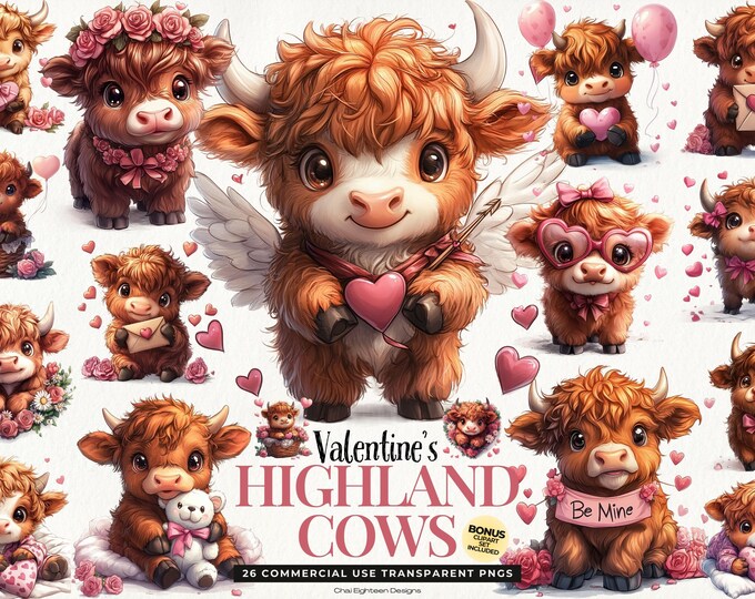 Cute Valentine Baby Highland Cow PNG, Clipart Image, 300 DPI ...