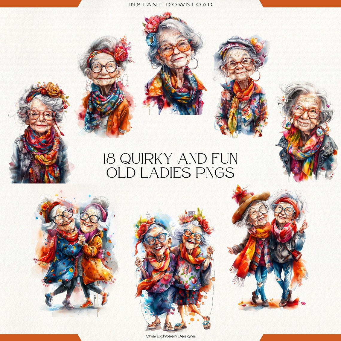 Funny Old Ladies Clipart, Watercolor Cartoon Grandma Png, Cheerful ...
