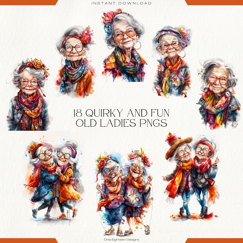 Funny Old Ladies Clipart, Watercolor Cartoon Grandma Png, Cheerful ...