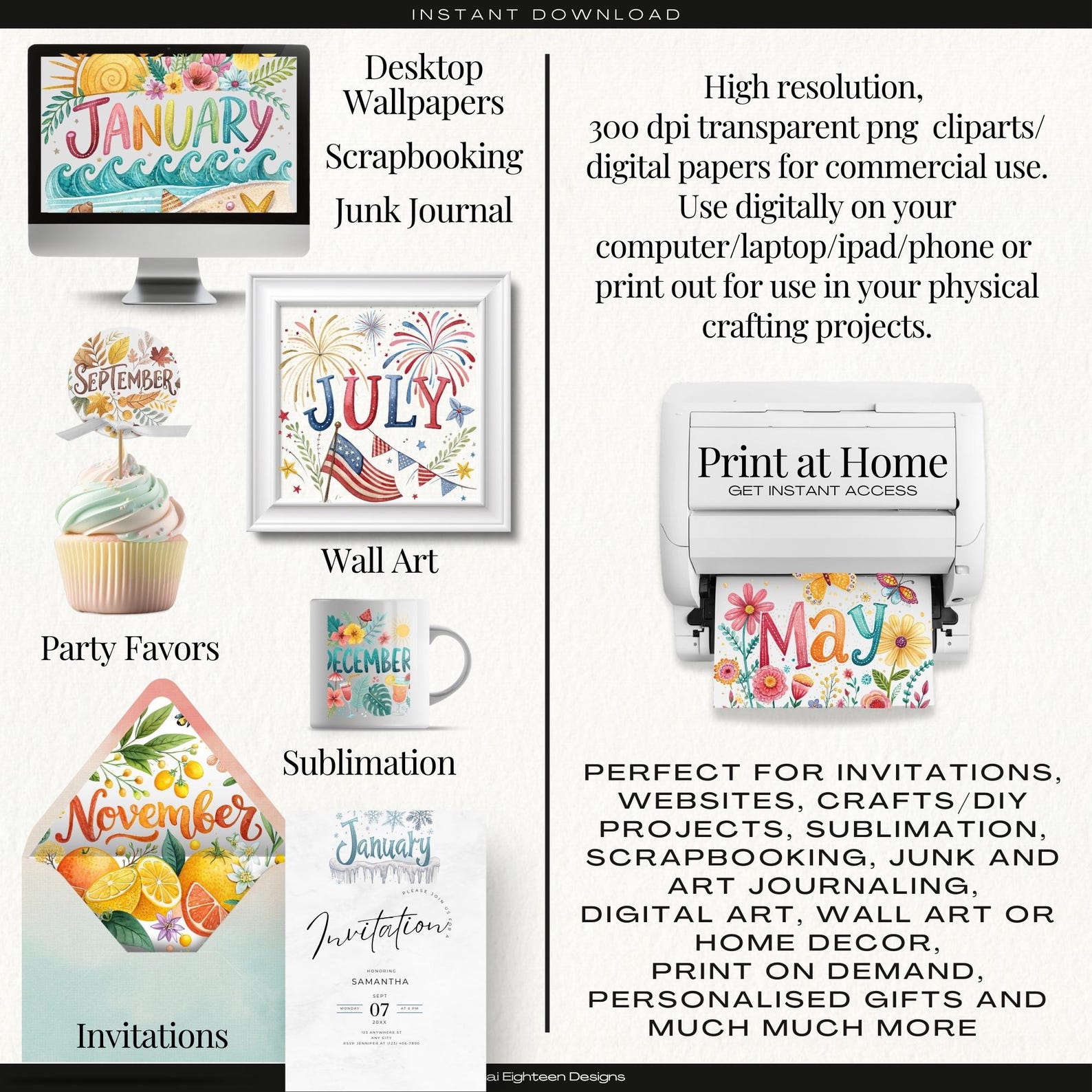 Months of the Year Clipart, Whimsical Seasonal Calendar Png, Digital ...