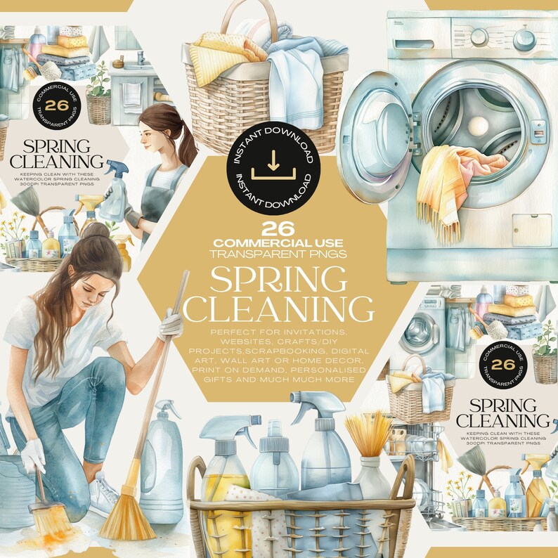 Spring Clean Clipart, Watercolor Housekeeping Clip Art, Cleaning ...