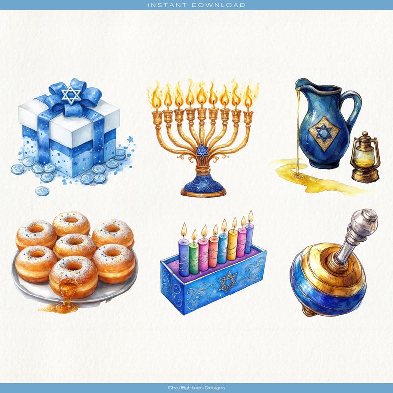 Watercolor Happy Hanukkah Clipart Set, Spin the Dreidel Clipart Bundle ...