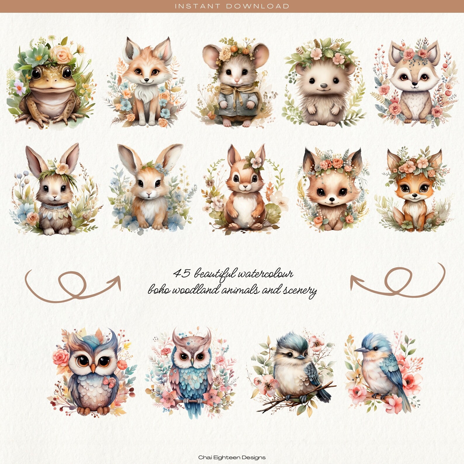 Boho Woodland Animal Clipart, Cute Forest Animals, Woodland Baby Shower ...