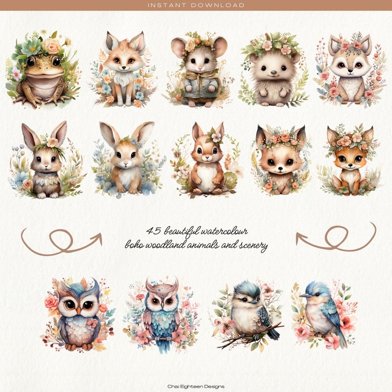 Boho Woodland Animal Clipart, Cute Forest Animals, Woodland Baby Shower ...