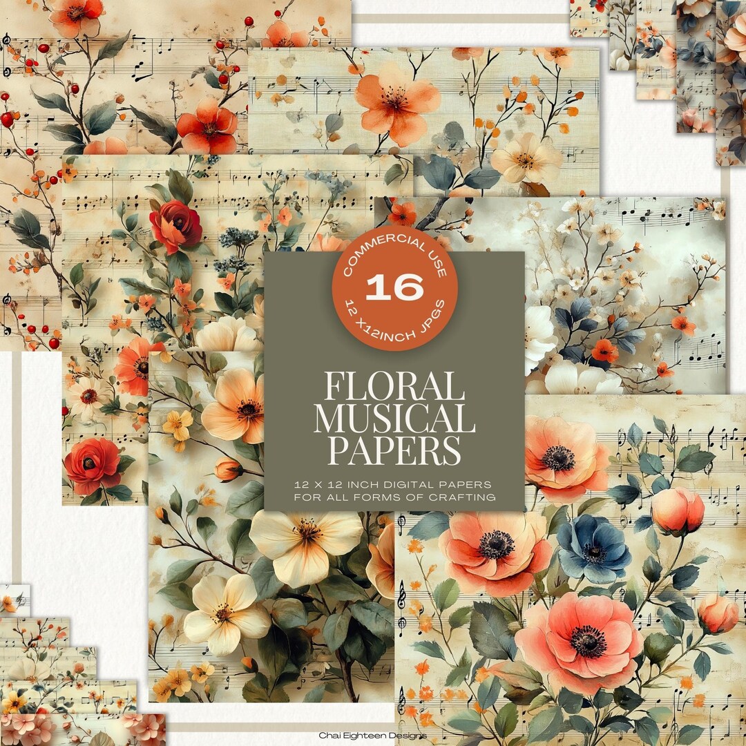 Printable Musical Notes With Flowers Digital Papers, Flower and Sheet ...