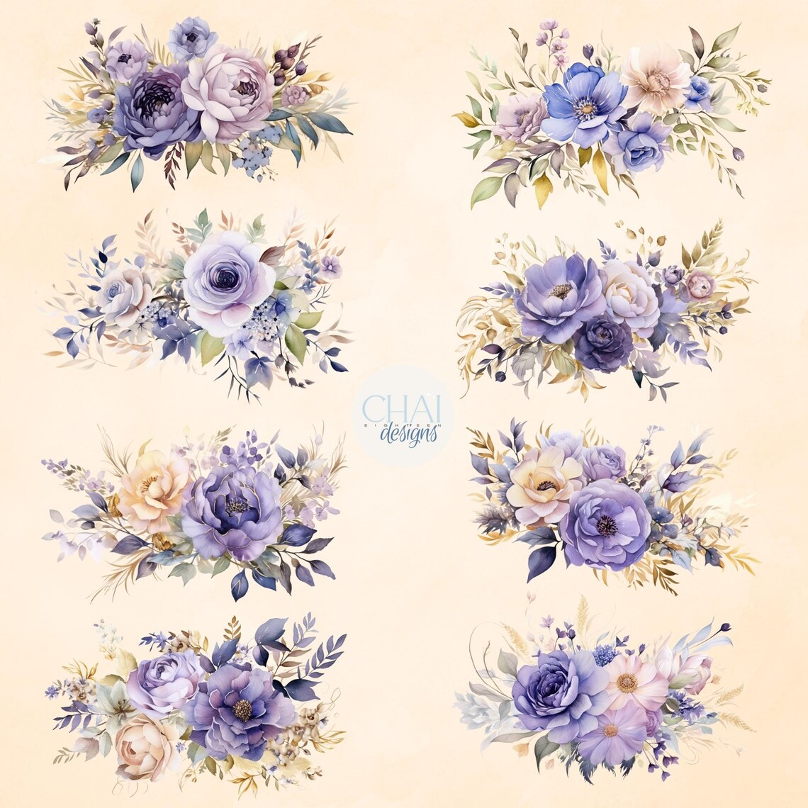 Purple Gold Floral Watercolour Clipart, Commercial Use, Transparent ...