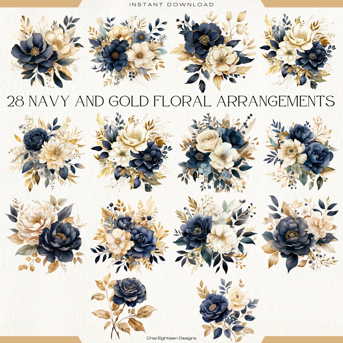 Navy and Gold Floral Clipart, Blue Flowers and Gold Leaves ...