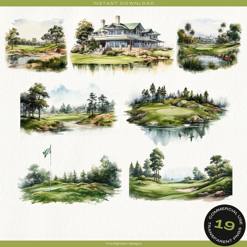 Watercolor Golf Clipart, Golf Cart PNG, Golf Club Clip Art, Golf ...