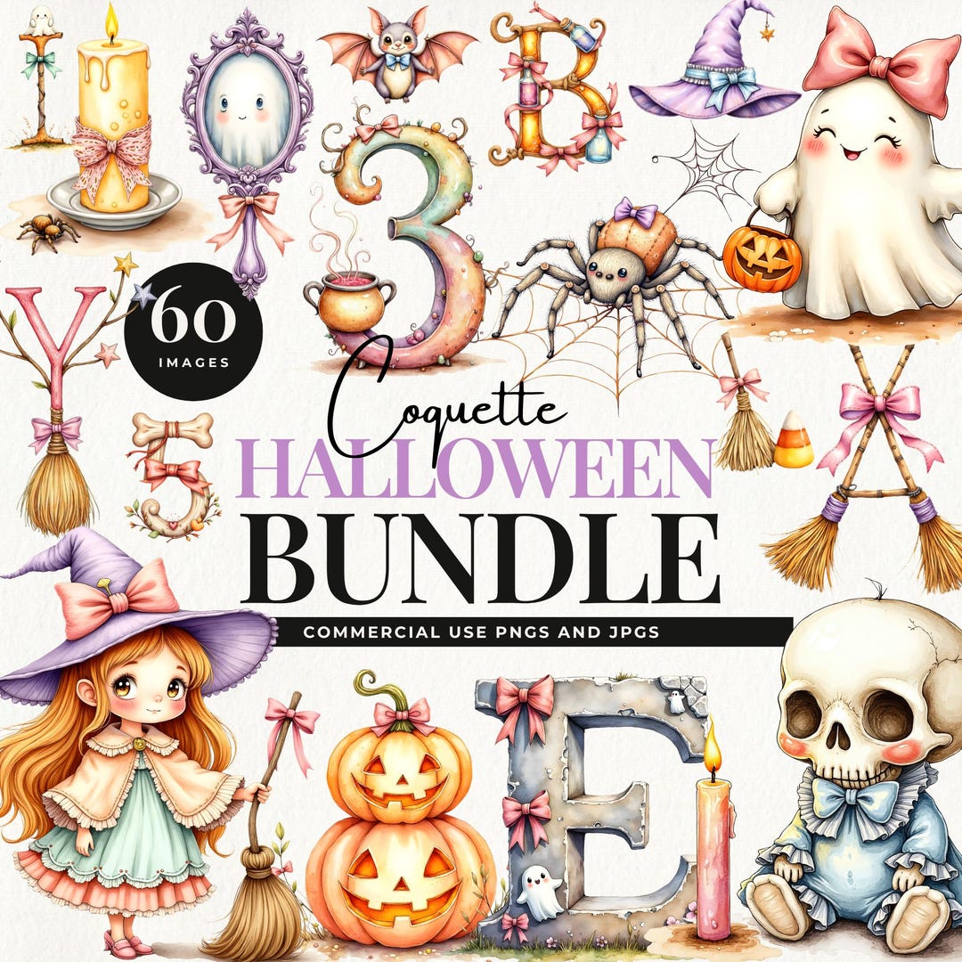 Coquette Bow Spooky Halloween Clipart Bundle, Cute Witchcore Halloween ...