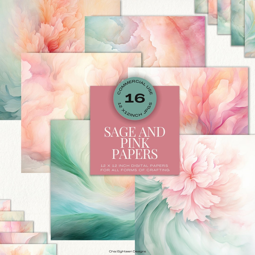 Sage and Pink Digital Papers, Pink and Green Background Texture Papers ...
