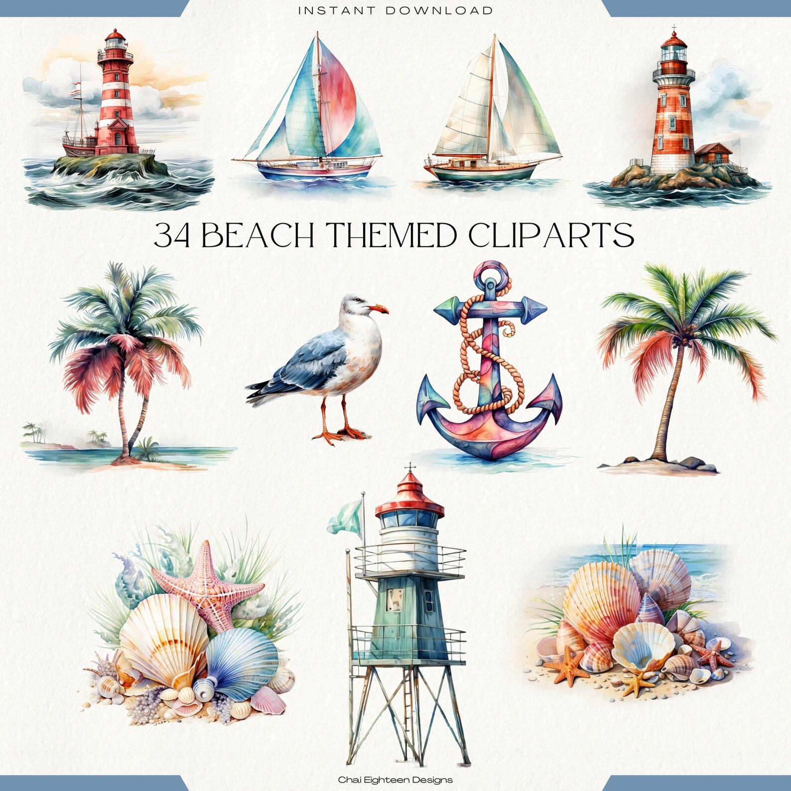 Preppy Beach Clipart, Watercolor Beach Day Collection, Vacation Images ...