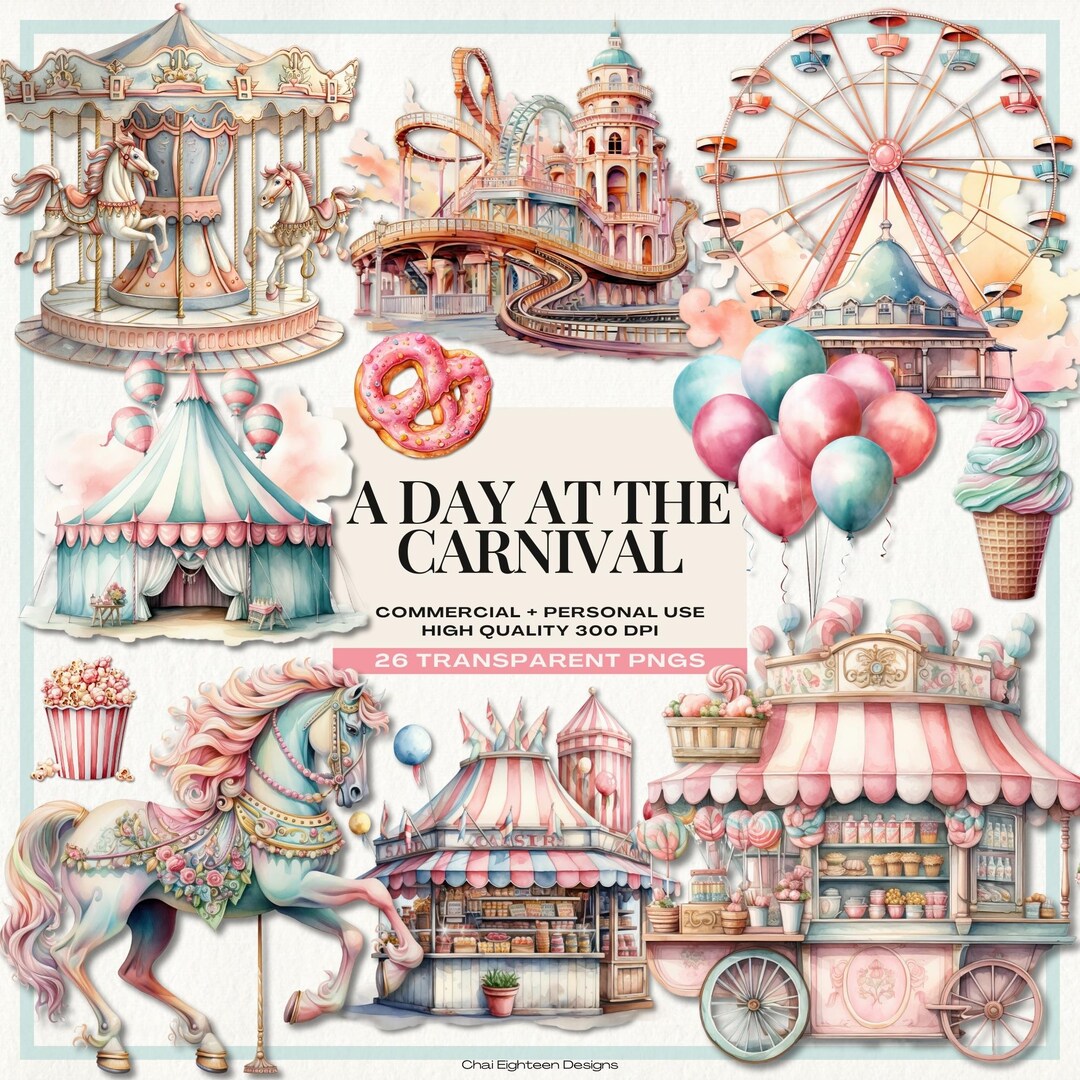 Pastel Carnival Clipart Carousel Clip Art Amusement Park Funfair ...