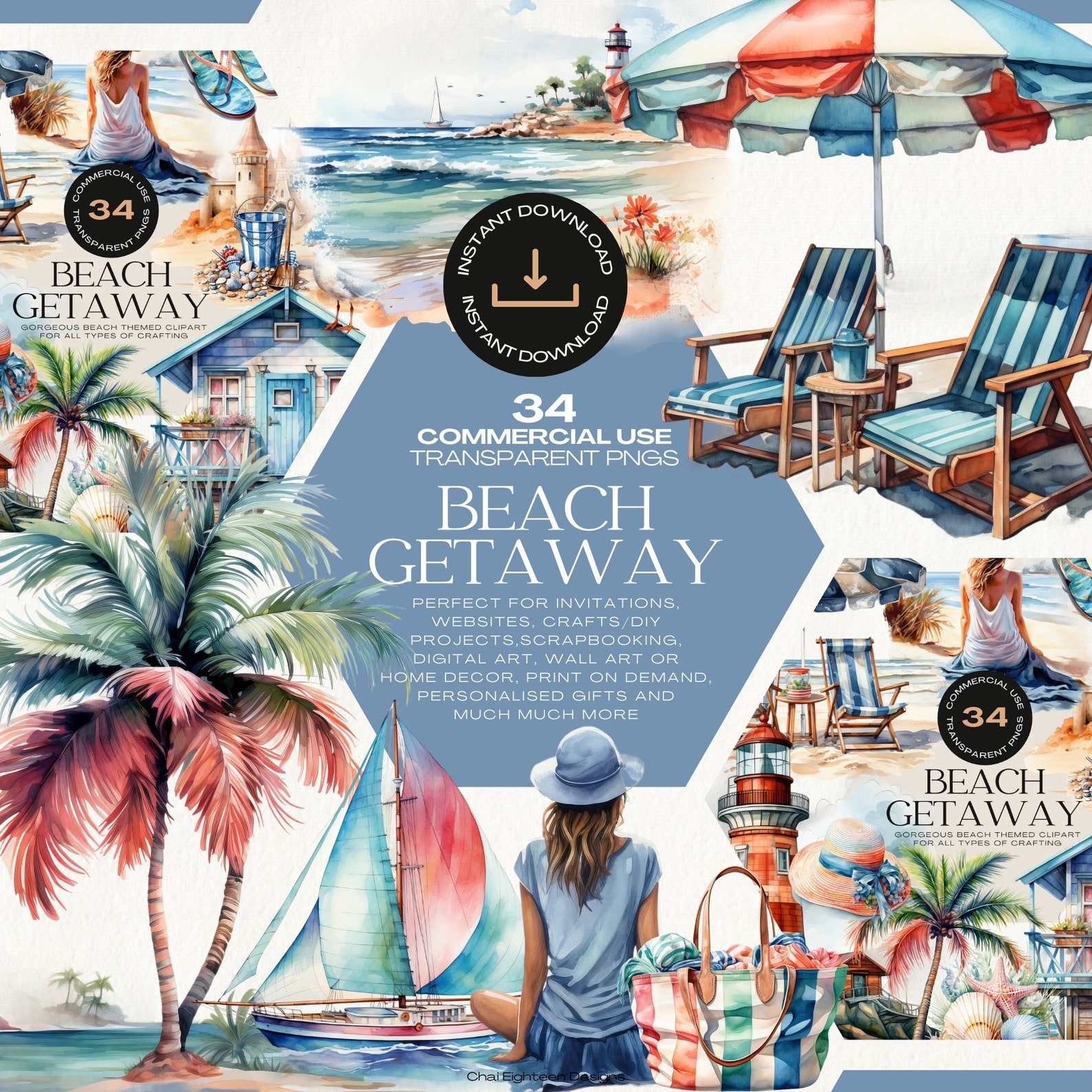 Preppy Beach Clipart, Watercolor Beach Day Collection, Vacation Images ...