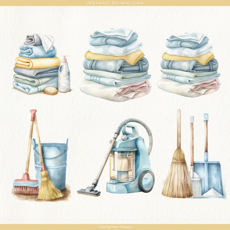 Spring Clean Clipart, Watercolor Housekeeping Clip Art, Cleaning ...
