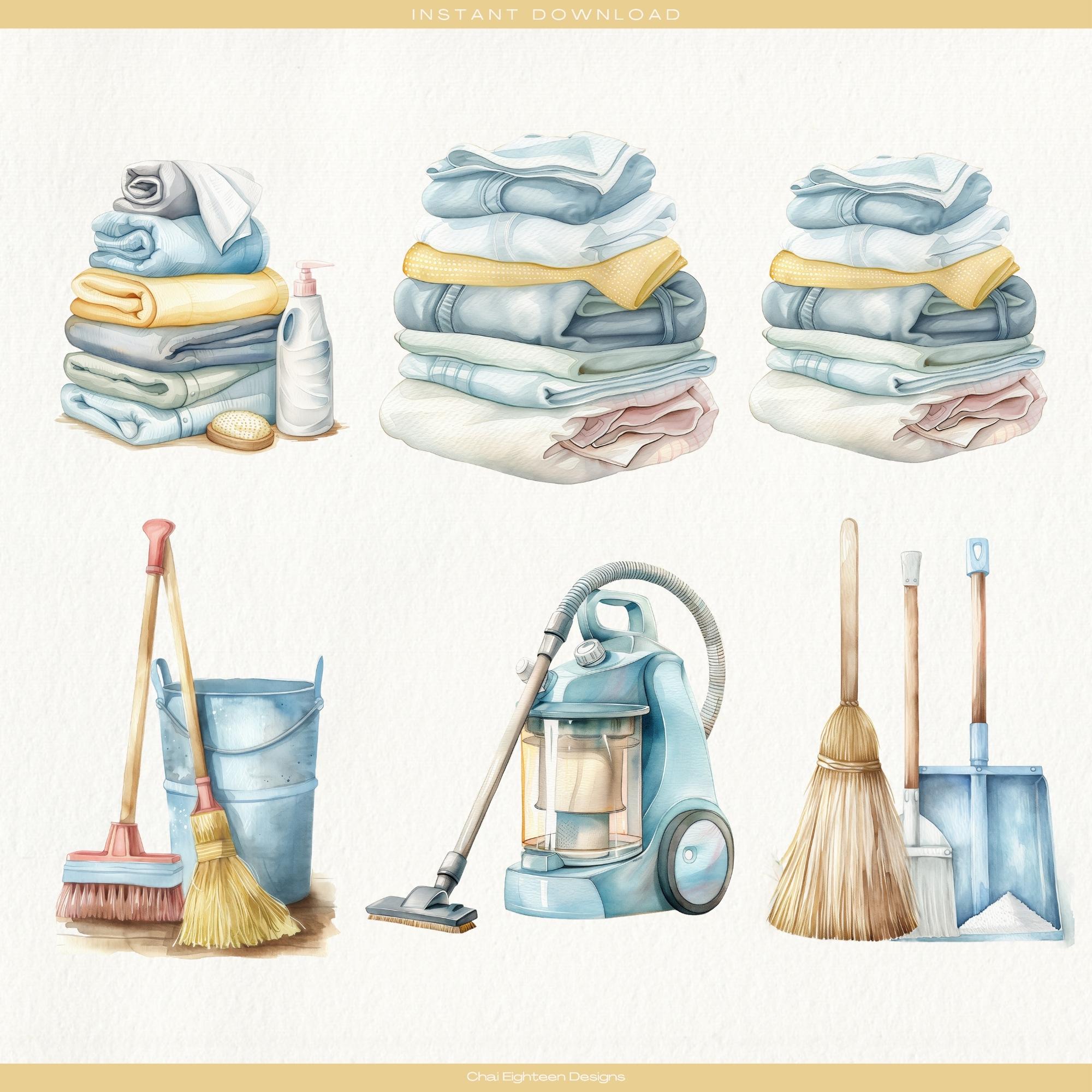 Spring Clean Clipart, Watercolor Housekeeping Clip Art, Cleaning ...