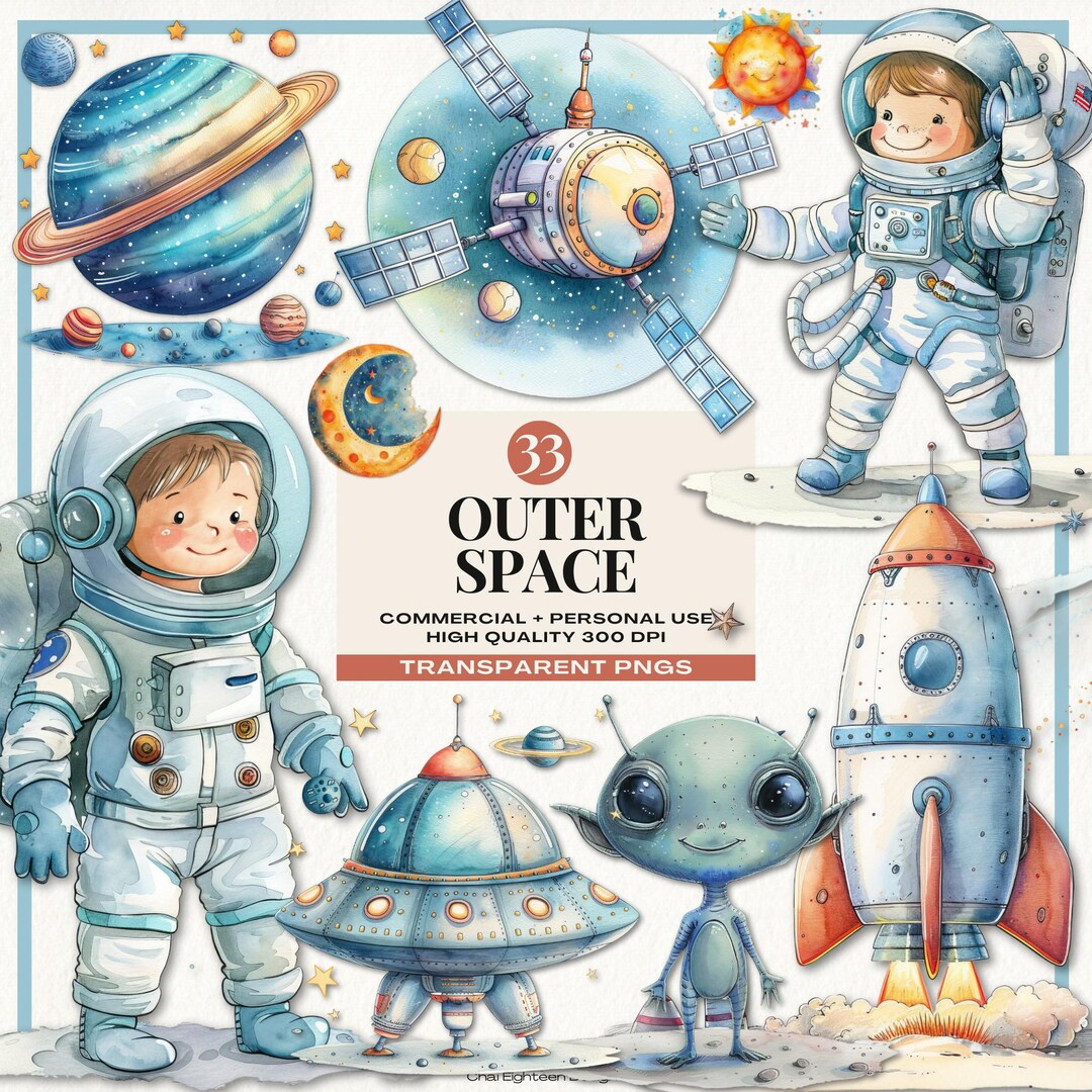 Watercolor Astronaut Space Clipart, Space Birthday Party, Outer Space ...
