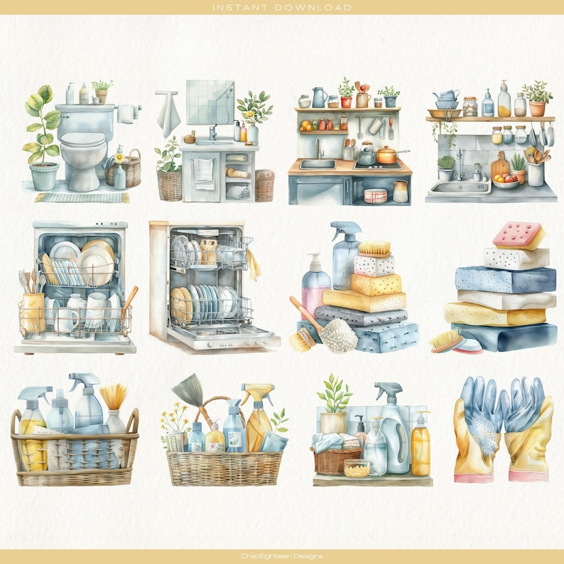 Spring Clean Clipart, Watercolor Housekeeping Clip Art, Cleaning ...
