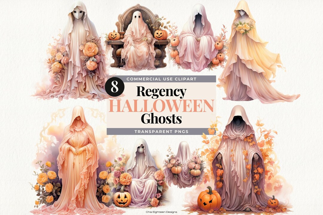 Watercolor Halloween Ghost Clipart, Regency Era Floral Spooky Ghosts ...