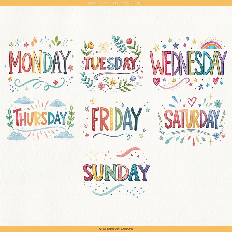 Days of the Week Printable Clipart, Daily Functional Planner Stickers ...