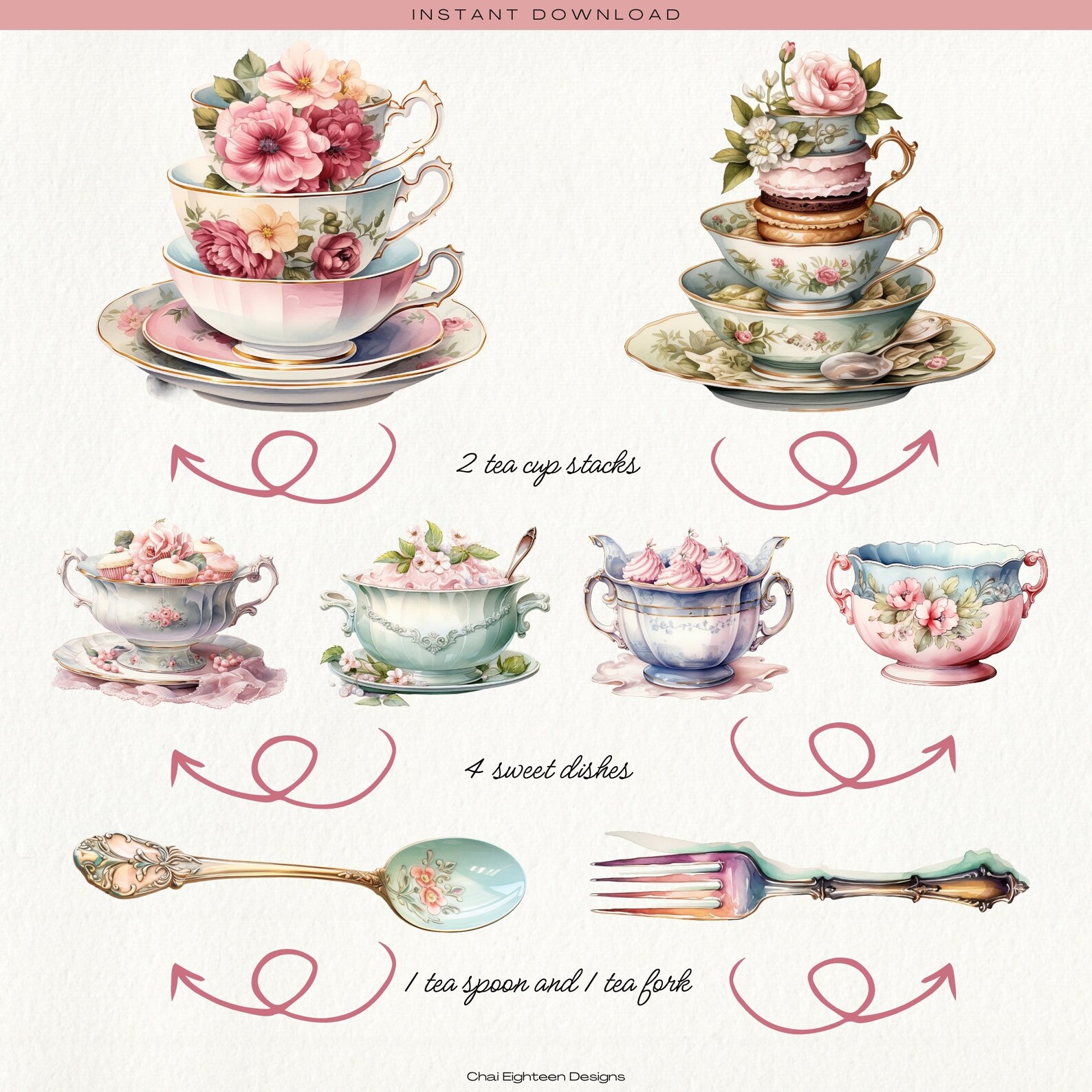 Watercolour Vintage Teacup Clipart, Floral Tea Seat, Tea Party Bundle ...
