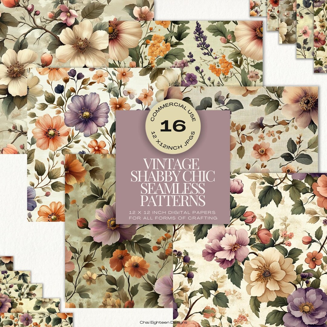 Vintage Shabby Chic Seamless Patterns, Rustic Floral Backgrounds for ...