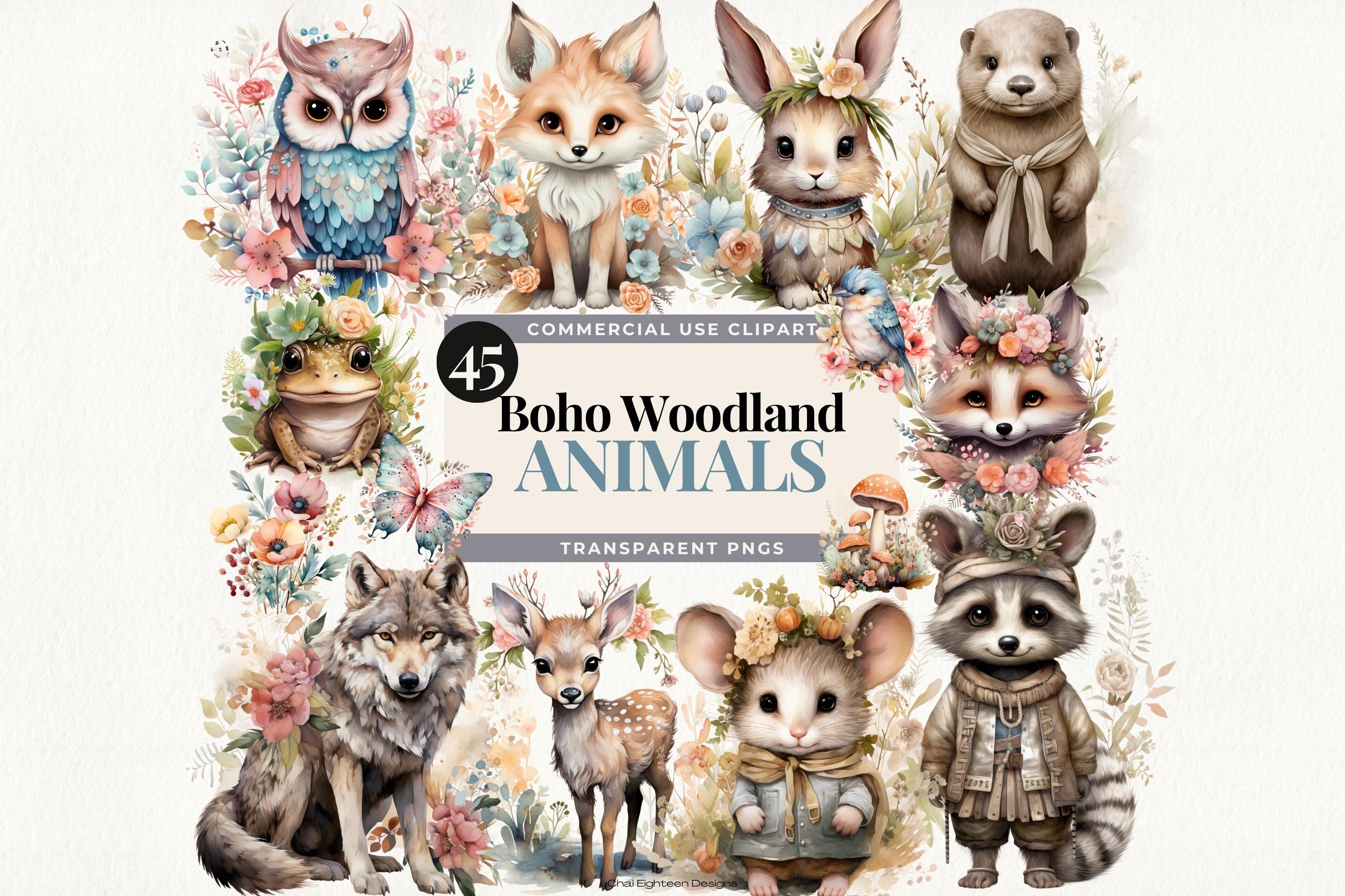 Boho Woodland Animal Clipart, Cute Forest Animals, Woodland Baby Shower ...