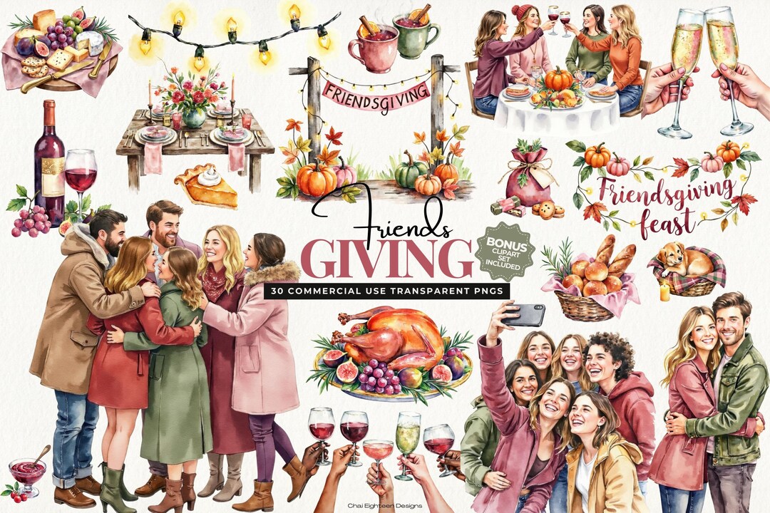 Friendsgiving Clipart, Watercolor Thanksgiving Dinner, Autumn and Fall ...